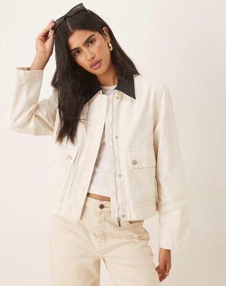 Mango Veste courte style parka en coton avec col contrastant - Beige clair-Neutre