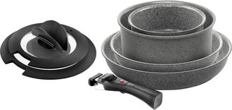 Ballarini Torre Bratpfannen-Set und Stieltopf, 7 tlg, Keramikbeschichtung, Induktionsgeeignet, Abnehmbarer Griff, zwei Deckel mit einklappbaren Griffen, Alumini