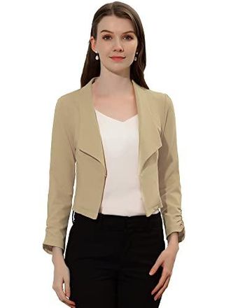 Allegra K Blazer Court Femme pour Bureau & Travail Veste Courte Cintr&eacute; &agrave; Manches Longues avec Revers Crant&eacute; Devant Ouvert sans Bouton Kaki M