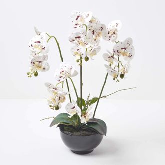 Homescapes extra große Kunstorchidee im Topf, hochwertige künstliche Orchidee mit weißen Blüten, XXL-Deko-Orchidee Phalaenopsis im schwarzen Keramiktopf, dekorat
