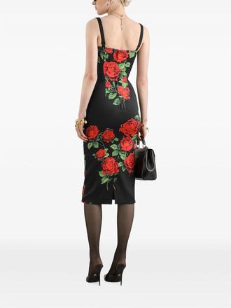 Dolce & Gabbana Rose-Print Silk Midi Dress - Black
