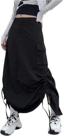 Minetom Damen Rock Cargo Maxirock Y2K Vintage Retro E Girl Röcke Mit Schlitz Freizeitrock Lang Niedrige Taille Skirt Partyrock Harajuku Streetwear A Schwarz X