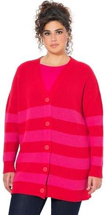 Ulla Popken Strickjacke, Streifen, Boxy, V-Ausschnitt, Rollkanten Cardigan, Fuchsia, 50-52 Femme