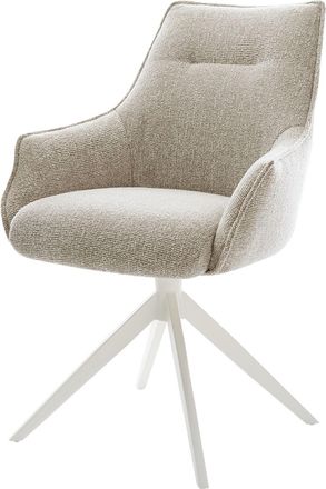 DELIFE Esszimmerstuhl Alja-Flex mit Armlehnen Kreuzgestell breit Wei&szlig; Webstoff Soft Beige 360&deg; drehbar Wippfunktion Taschenfederkern