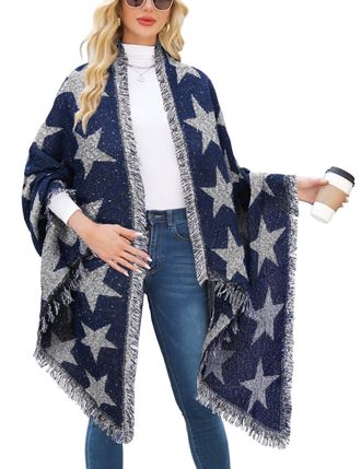 Heekpek Heekpek Damen M&auml;dchen Langer Schal - Deckenstoffschal Mit Fransen und Spitzen Enden - Oversize Winter Damenschal Lang (Star-Navy Blau)