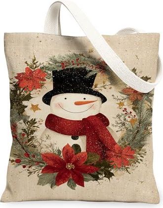 Generic Sacs fourre-tout en toile motif bonhomme de neige de No&euml;l, sacs d&eacute;picerie r&eacute;utilisables, vintage l&eacute;gers et lavables avec bandouli&egrave;re pour T, Beige, 13