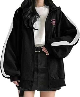 Onsoyours Femme Sweat à Capuche Rayé Manchette Sweat Shirt Pull Zippé Casual Hoodie Veste Manteau à Poche Manche Longue Haut Mode Automne Hiver C Noir S