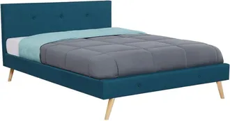 IDMarket Lit double scandinave OSLO avec tête de lit et sommier 140 x 190 cm tissu bleu canard