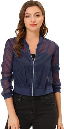Allegra K Blouson aviateur transparent léger à manches longues pour femmes Bleu marine XL