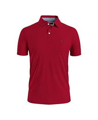 Tommy Hilfiger Polo en piqu&eacute; stretch &agrave; manches courtes pour homme, coupe ajust&eacute;e, Rouge primaire, Taille S