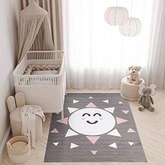 Tapiso Pinky Tapis de Chambre Enfant B&eacute;b&eacute; Fille Gar&ccedil;on Adulte Design Moderne Gris Blanc Rose Motif Soleil Tapis de Jeu Poil Court Fin Doux Lisse R&eacute;sistant 12