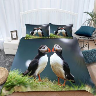 Generic Bettbezug 135 x 200 cm und 2-Kissenbezüge 80 x 80 cm, Niedlicher Papageientaucher Muster Bettwäsche Set, Farbig Weiche Mikrofaser Bettbezug für Kinder