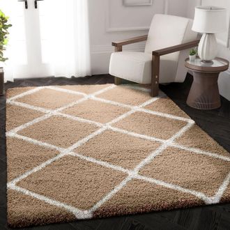 Vimoda Hochflor Shaggy Teppich Rauten Design Creme Beige Modern, Maße:200x280 cm