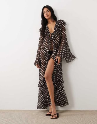 Miss Selfridge Maxi-Strandkleid in Schokobraun mit Polka Dots