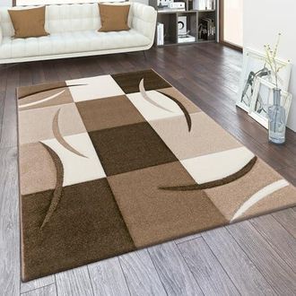 Paco Home Tapis De Salon en Diff. Coloris Et Tailles Motif Carreaux Rayures Design 3D Poils Ras, Dimension:120x170 cm, Couleur:Marron