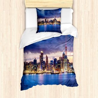 Abakuhaus Stadt Bettbezug Set f&uuml;r Einzelbetten, Auckland in Neuseeland, Milbensicher Allergiker geeignet mit Kissenbezug,Marineblau Blassgelb