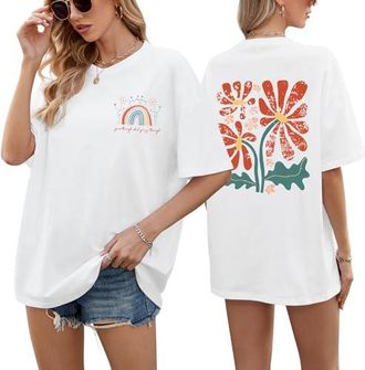 Heekpek T Shirt Femme Oversize Tr&egrave;s Large Teeshirt Coton Col Rond T-Shirt Manches Courtes Chic Imprim&eacute; D&eacute;contract&eacute; Grande Taille Haut Femme Ete, Blanc, L