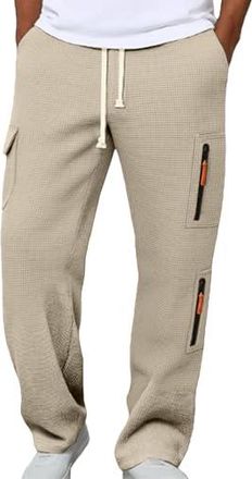 Generic Pantalon de surv&ecirc;tement pour homme - Motif gaufr&eacute; - Pantalon de jogging multi-poches - Jambe droite - Couleur unie - Taille &eacute;lastique avec cordon de s