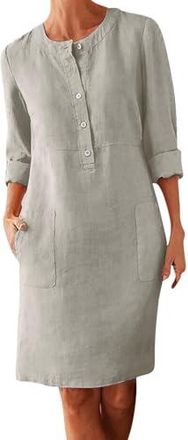 Generic Robe Coton Et Lin Femme Mi-Longue Summer Respirante Couleur Unie Robe D&eacute;t&eacute; Pour Femme D&eacute;contract&eacute;s Chic Et &Eacute;l&eacute;gant Midi-Robe De Plage Grande Taille Co