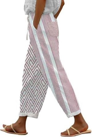 Generic Pantalon en coton et lin pour femme - Jambe large - Pantalon de plage d&eacute;t&eacute; confortable - Pantalon de yoga Palazzo - XIYU26056, rose, 3XL