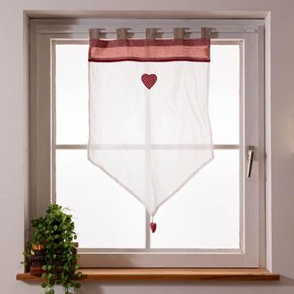 Schöner Leben Scheibengardine Landhaus Schlaufen Stickerei Herzanhänger rot 60x90cm