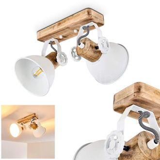 HOFSTEIN Deckenleuchte Orny, 2-flammig, mit verstellbaren Strahlern, Deckenlampe aus Metall/Holz in Wei&szlig;/Braun, 2 x E27-Fassung, Spot im Retro/Vintage Design, 