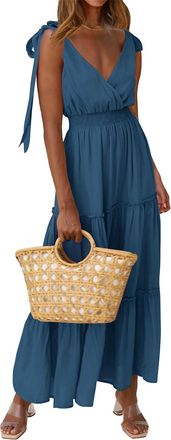 PrettyGarden Damen Kreuzausschnitt Sommer Ärmellos Gestuftes Maxikleid Strand Tie Strap Gesmokte Lange Kleider Plissee Sommerkleid, Seeblau, Groß