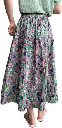 Generic Jupe longue pliss&eacute;e &agrave; motif floral boh&egrave;me 2026 pour femme - Taille haute - Style d&eacute;contract&eacute; - Coupe trap&egrave;ze - Robe de plage ample - Essentiels de vac