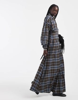 Asos robe chemise longue cintr&eacute;e &agrave; la taille &agrave; carreaux chocolat-Multi