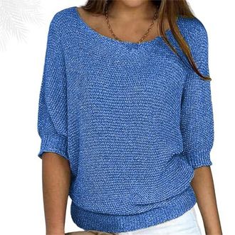 Generic Hauts chandails pour femme, tricot d&eacute;contract&eacute;, manches 3/4, haut en crochet pour femme, grande taille, col rond ample, bleu, 3XL