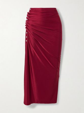 Paco Rabanne Jupe Midi En Jersey Satin&eacute; &Agrave; Fronces - Rouge
