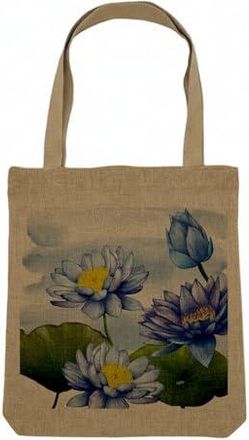Fabulous Sac Shopping Tote Bag Aspect Lin - Lotus Estampe Japonaise Bleu Motif Peinture Estampe Art - Sac de Courses Toile Epaisse 360g Beige Naturel Cabas Por