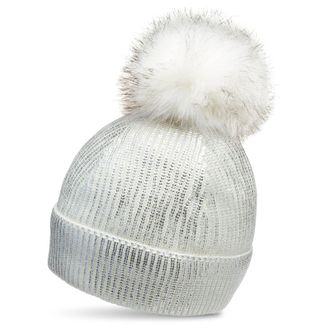 CASPAR Fashion MU192 Damen Metallic Glitzer Bommelm&uuml;tze gef&uuml;ttert mit XL Bommel, Gr&ouml;&szlig;e:One Size, Farbe:weiss metallic