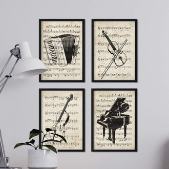 Nacnic Set von 4 Vintage-Enzyklopädie Posters mit Instrumenten und Musiknoten. Klavier, Violine, Cello, Akkordeon. Klassische Musik Deko. A4 Größe, Rahmenlos