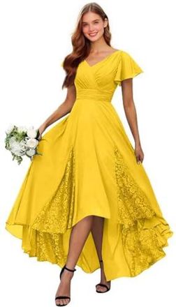 Generic Robe de soirée formelle en mousseline de soie à manches courtes et col en V pour femme, jaune moutarde, 38