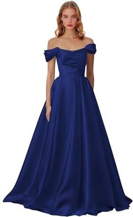Generic Robe de bal longue fronc&eacute;e en satin &agrave; &eacute;paules d&eacute;nud&eacute;es pour femme avec poches, bleu marine, 56 Grande taille