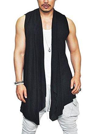 Coofandy Mens Ruffle Shawl Collar Sleeveless Cardigan Lightweight Cotton Long Length Drape Cape Vest,Black,Large