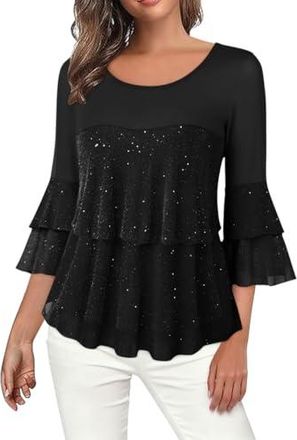 Minetom Femme Blouse Décontracté À Manches 3/4 Chemisier Élégant Volants Tunique À Paillettes Double Couche Haut A Noir L