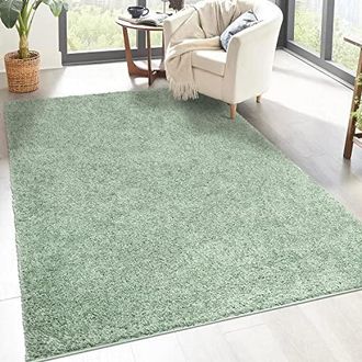 Carpet City Shaggy Tapis de salon, &agrave; poils longs, motif uni, vert, 200 x 200 cm, carr&eacute;, doux et moelleux, moderne, convient &eacute;galement &agrave; la chambre &agrave; coucher