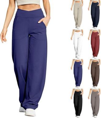 Generic Pantalon de yoga pour femme - Taille haute - Pantalon droit pour femme avec poches - Jambe large - Pantalon &eacute;vas&eacute; - Pantalon de jogging - Pantalon de 