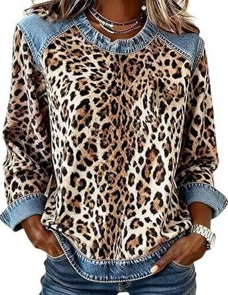 Generic Sweat &agrave; capuche en denim imprim&eacute; patchwork pour femme USA Faith Wear chic d&eacute;contract&eacute; imprim&eacute; l&eacute;opard pour lext&eacute;rieur au quotidien, multicolore, XXL