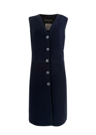 Chanel Navy Boucle Tweed Midi Dress with Gripoix Jewel Buttons Size L