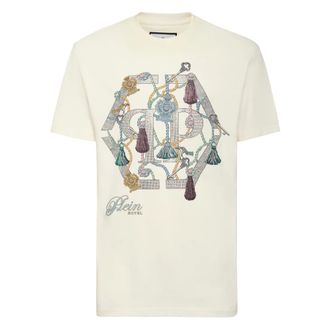 Philipp Plein Homme, Tops, Beige, Taille: L T-Shirt Col Rond Ornement&eacute; de Glandes