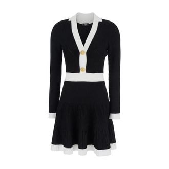 Balmain Schwarzes V-Ausschnitt Strickkleid mit Flare - - Dresses - Damen - Schwarzk - S