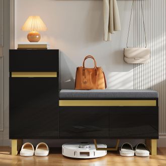 Generic Schuhschrank mit Sitzbank Schwarz Hochglanz Garderobenbank Flur Modern Schuhkommode mit Schublade und T&uuml;ren Sitzkissen Gepolstert Goldene Akzente Desi