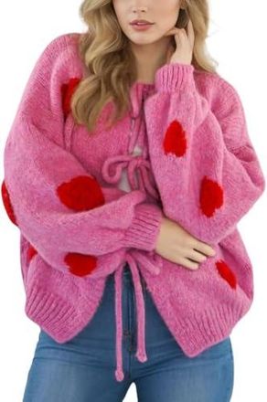 Lazutom Cardigan Y2k surdimensionn&eacute; en tricot pelucheux pour femme avec noeud papillon et coeur fraise, coeur rose, L