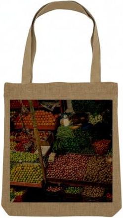 Fabulous Sac Shopping Tote Bag Aspect Lin - Etale Fruits Et Legumes Tradition Marche Merveille de LInde - Sac de Courses Toile Epaisse 360g Beige Naturel Cabas