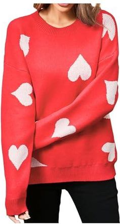 Generic Pull d&eacute;contract&eacute; &agrave; manches longues et col rond pour femme Motif coeur mignon 2026, Rouge, XL