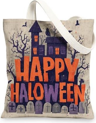 Generic Sacs fourre-tout en toile dHalloween, sacs dépicerie réutilisables, vintage légers et lavables avec bandoulière, Orange, 13x15 Inch