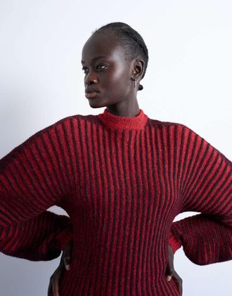 Topshop Gerippter Pullover in Rot mit Kokon-Ärmeln